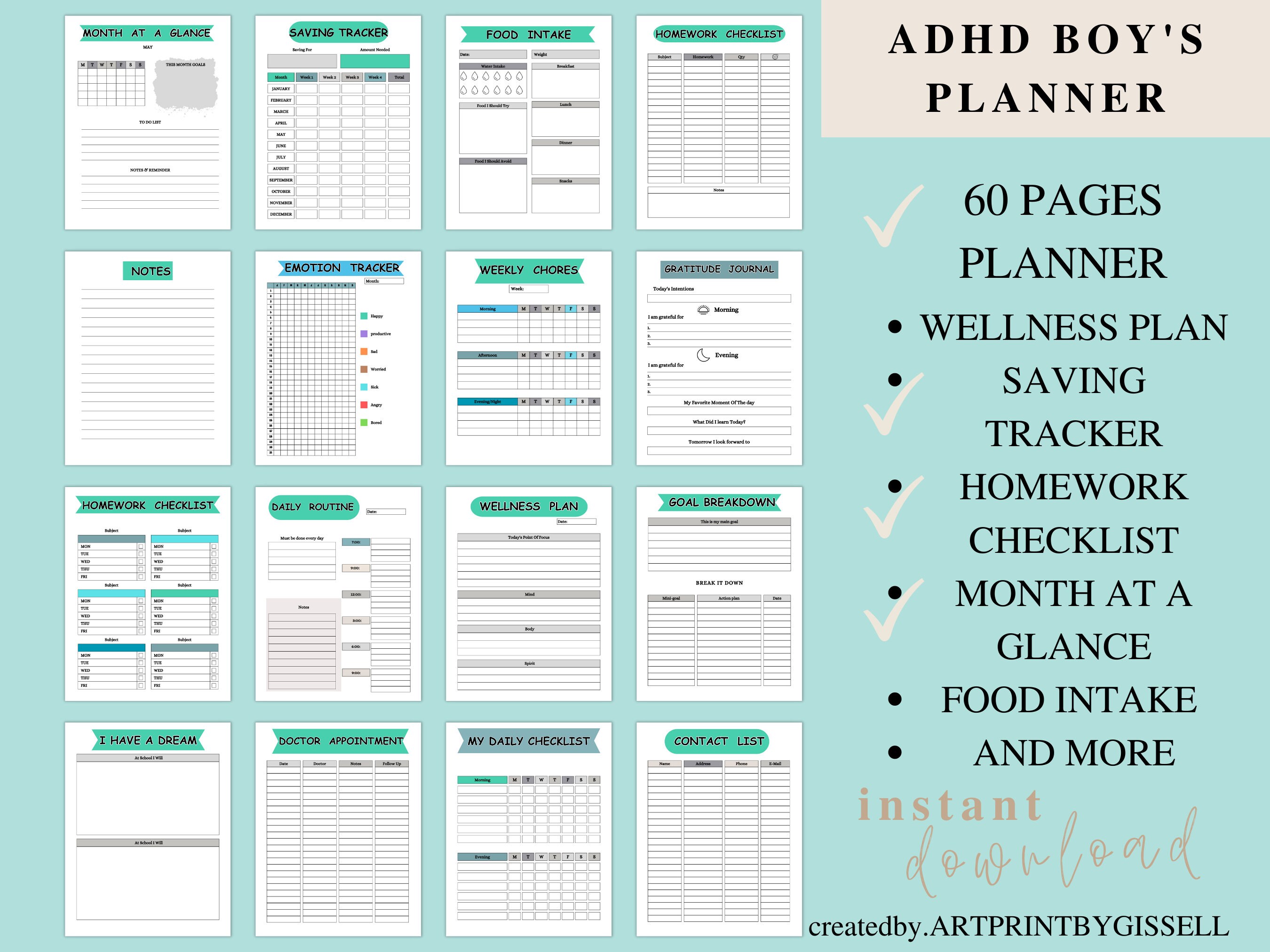 ADHD Planner for Kids Printable School Planner & Organizer/ Teens ADHD ...