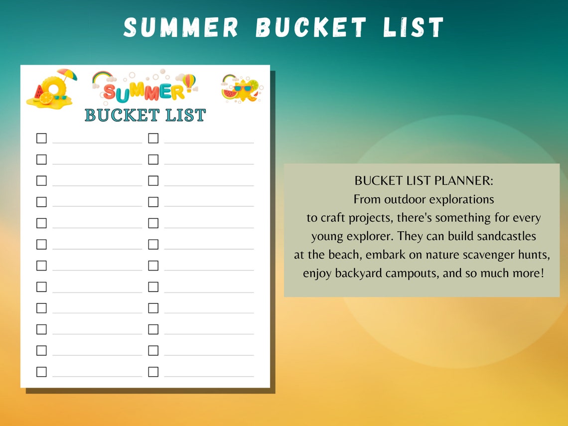 Summer Bucket List Planner Kids' Fun Activities Printable Weekly Summer ...