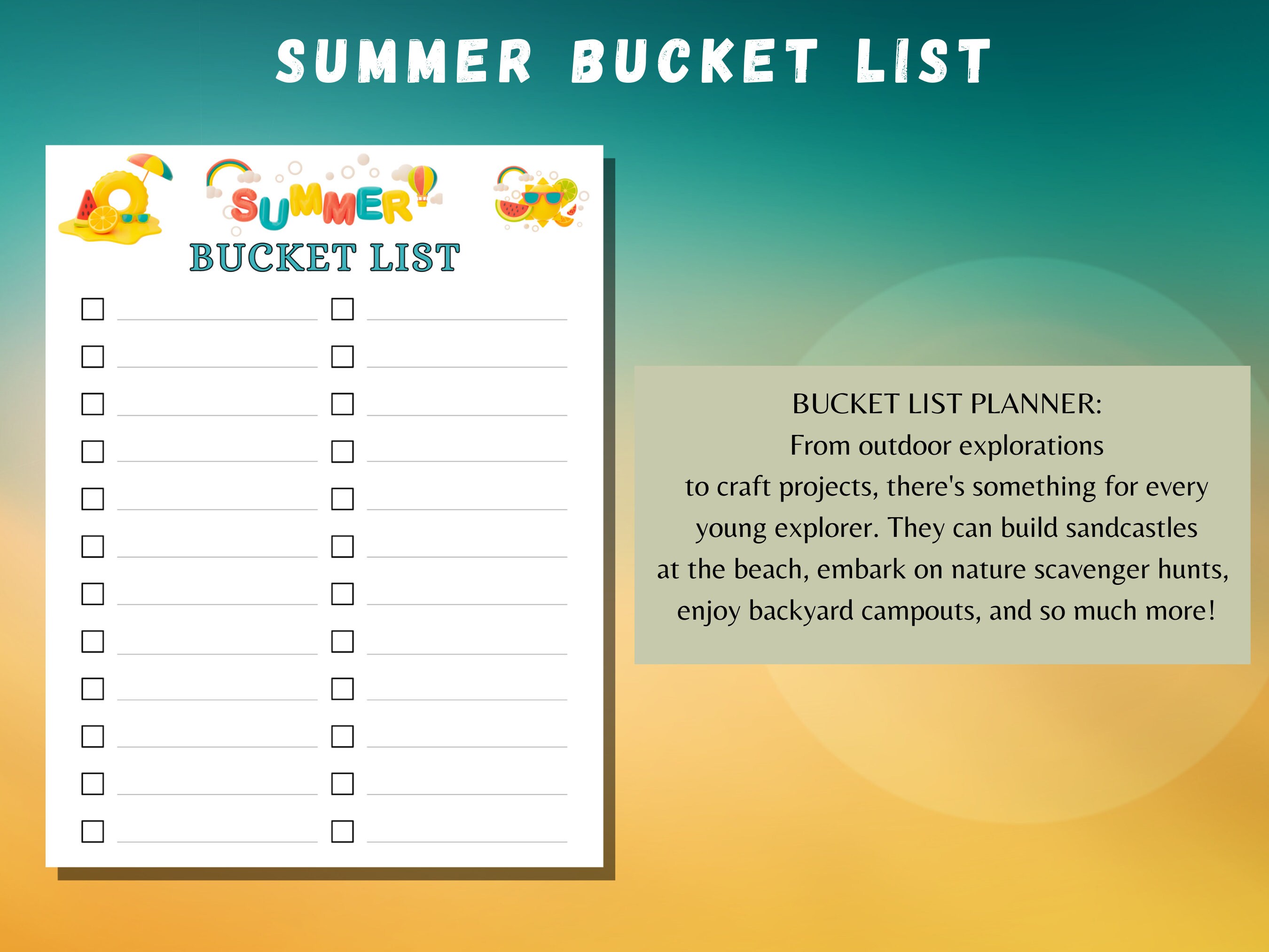 Summer Bucket List Planner Kids' Fun Activities Printable Weekly Summer ...