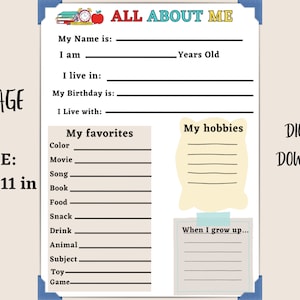 Back to School All About Me Student Worksheet First Day of School About ...