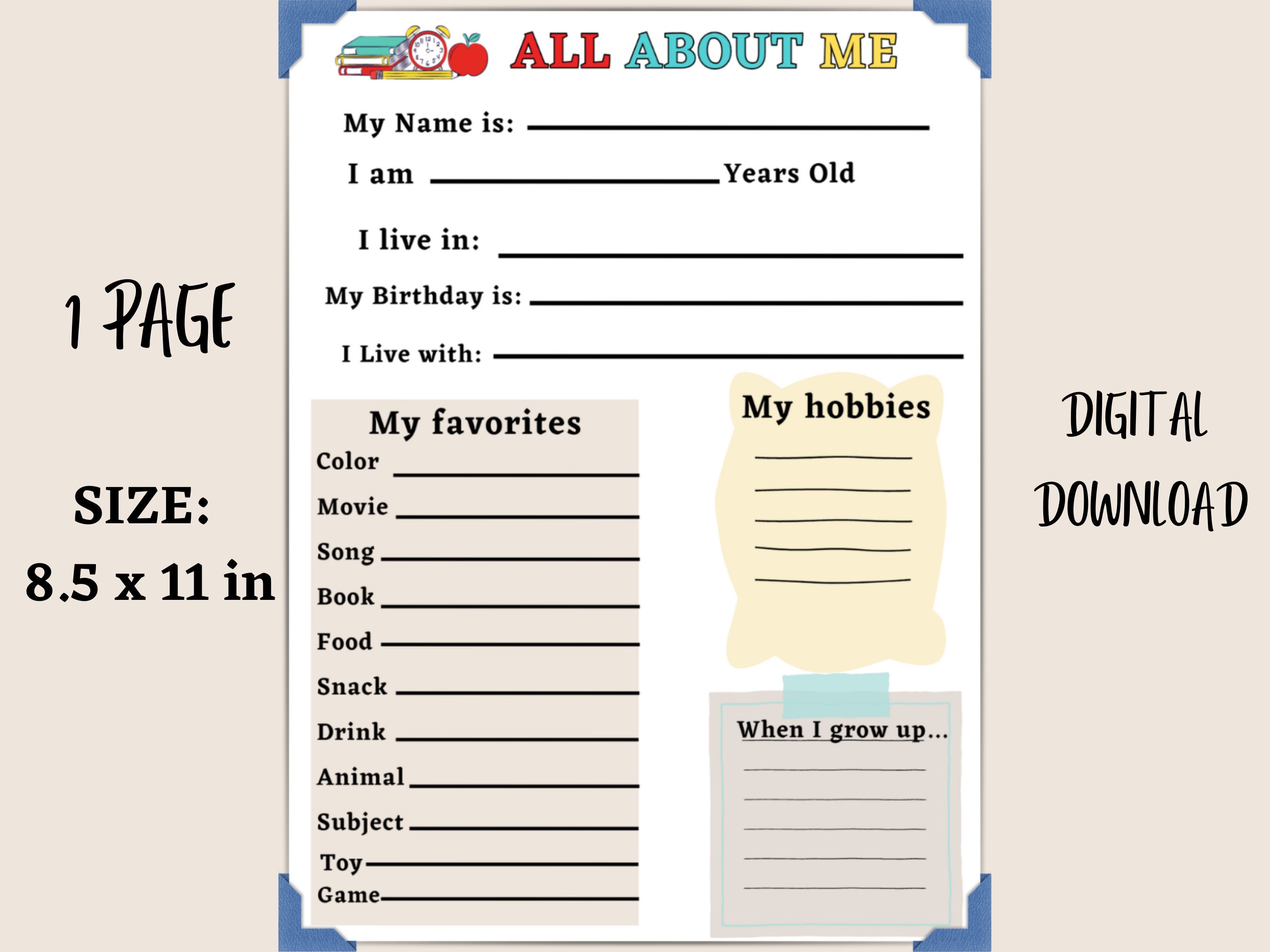 Back to School All About Me Student Worksheet First Day of School About ...