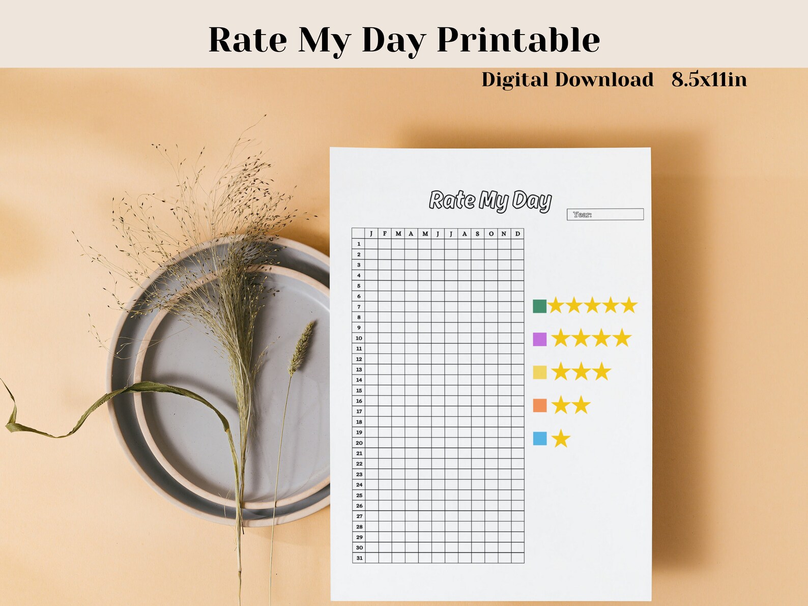 Rate My Day Printable Emotional Support Year-in-pixels Tracker-mood ...