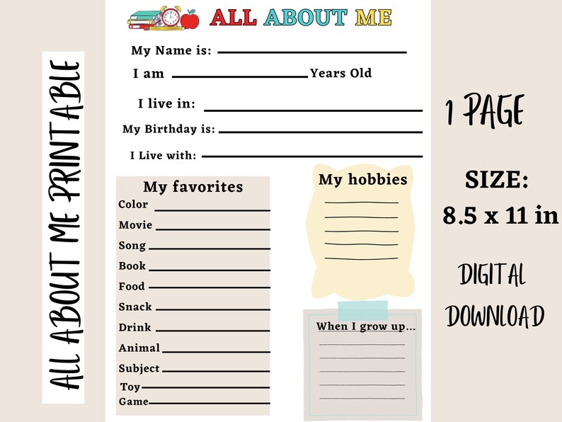Back to School All About Me Student Worksheet First Day of - Etsy