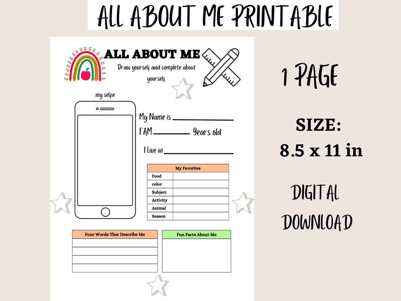 Back to School All About Me Student Worksheet First Day of - Etsy