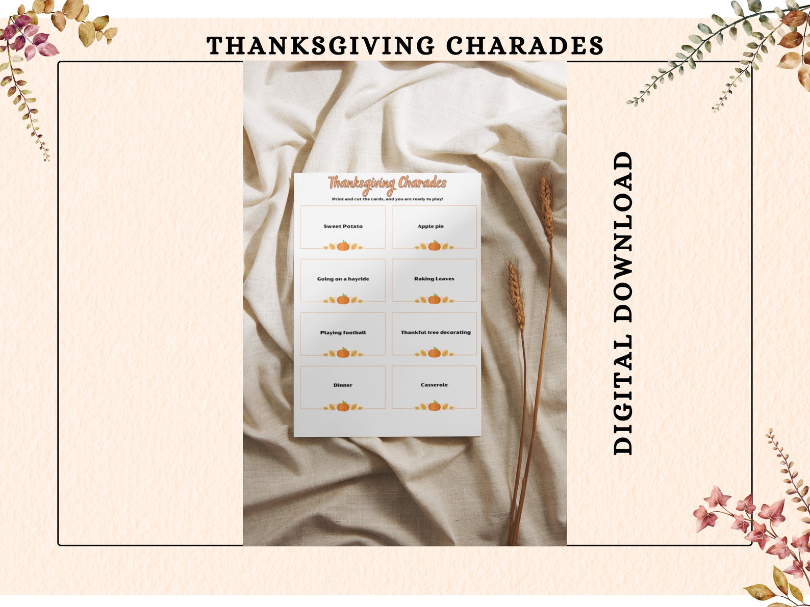 Thanksgiving Family Fun Charades Game, Printable Pictionary Trivia, Act ...