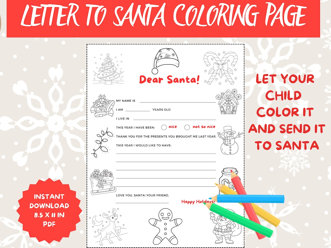 Dear Santa Letter Coloring Page Christmas Wish List Christmas - Etsy