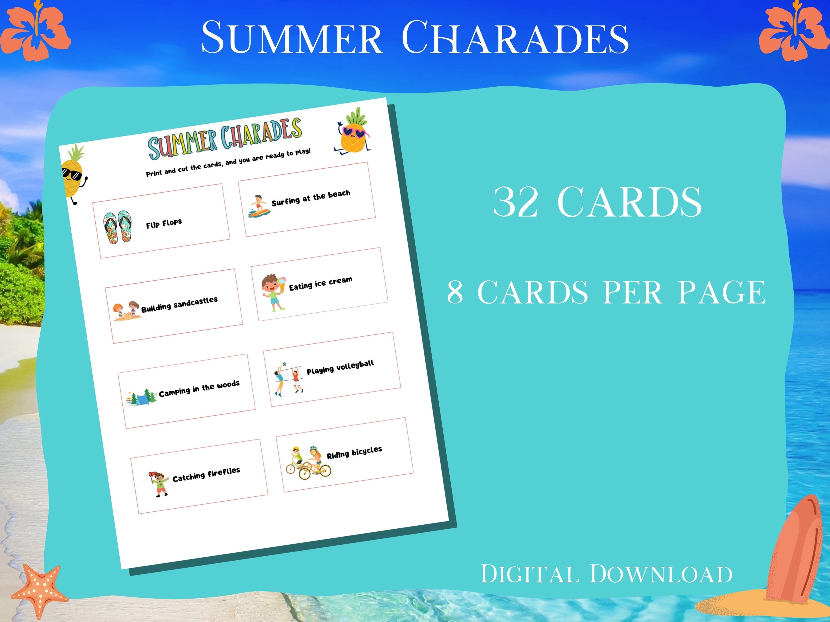 Summer Charades Printable Game for Kids and Adults Indoor Family Fun ...