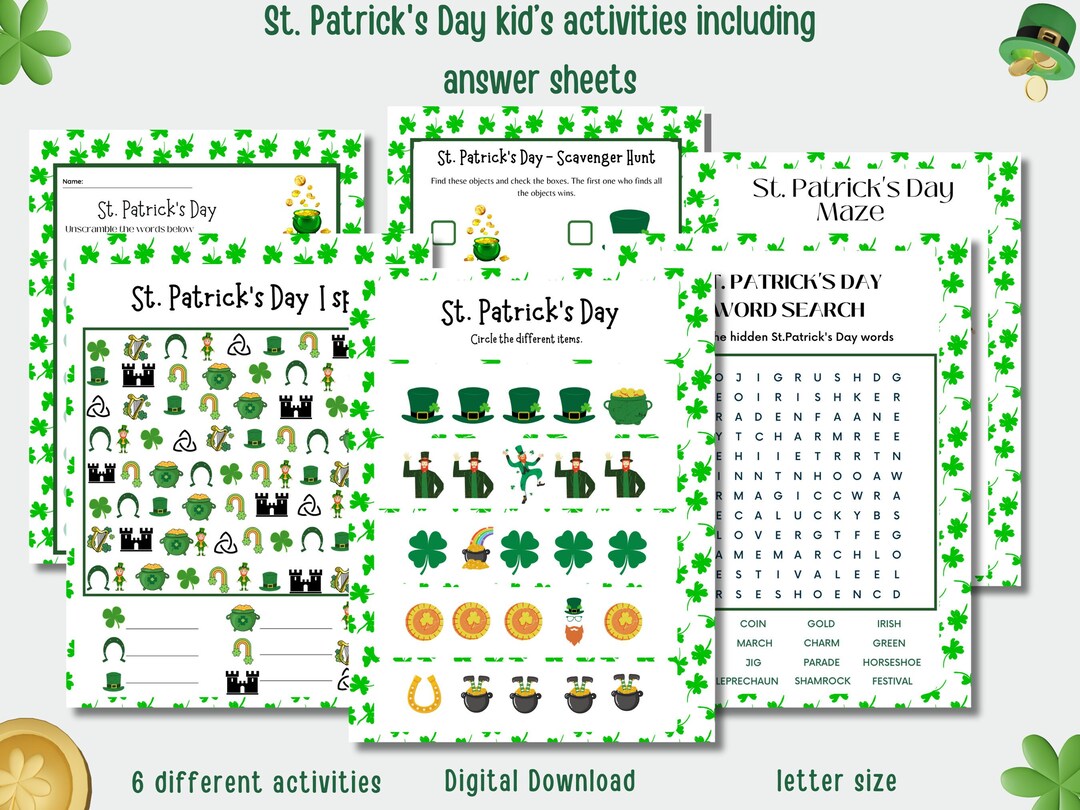 St. Patrick's Day Kids Activities Word Search, I Spy, Maze, Unscramble ...