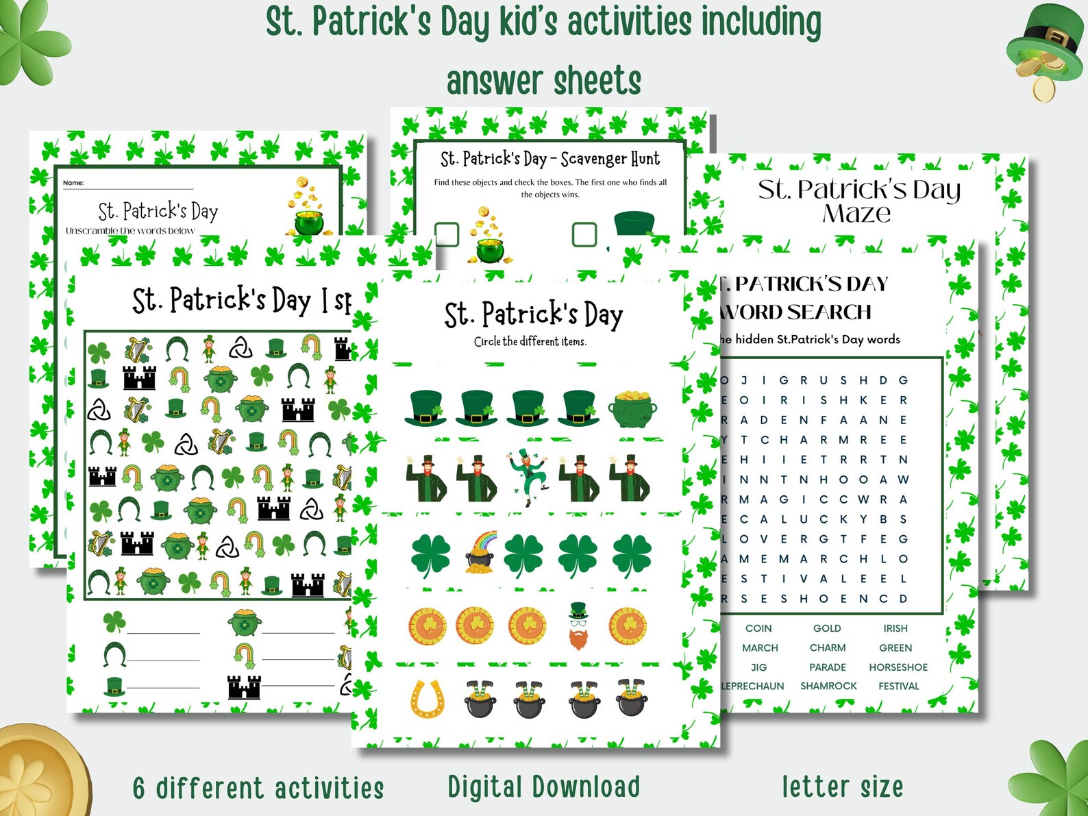 St. Patrick's Day Kids Activities Word Search, I Spy, Maze, Unscramble ...