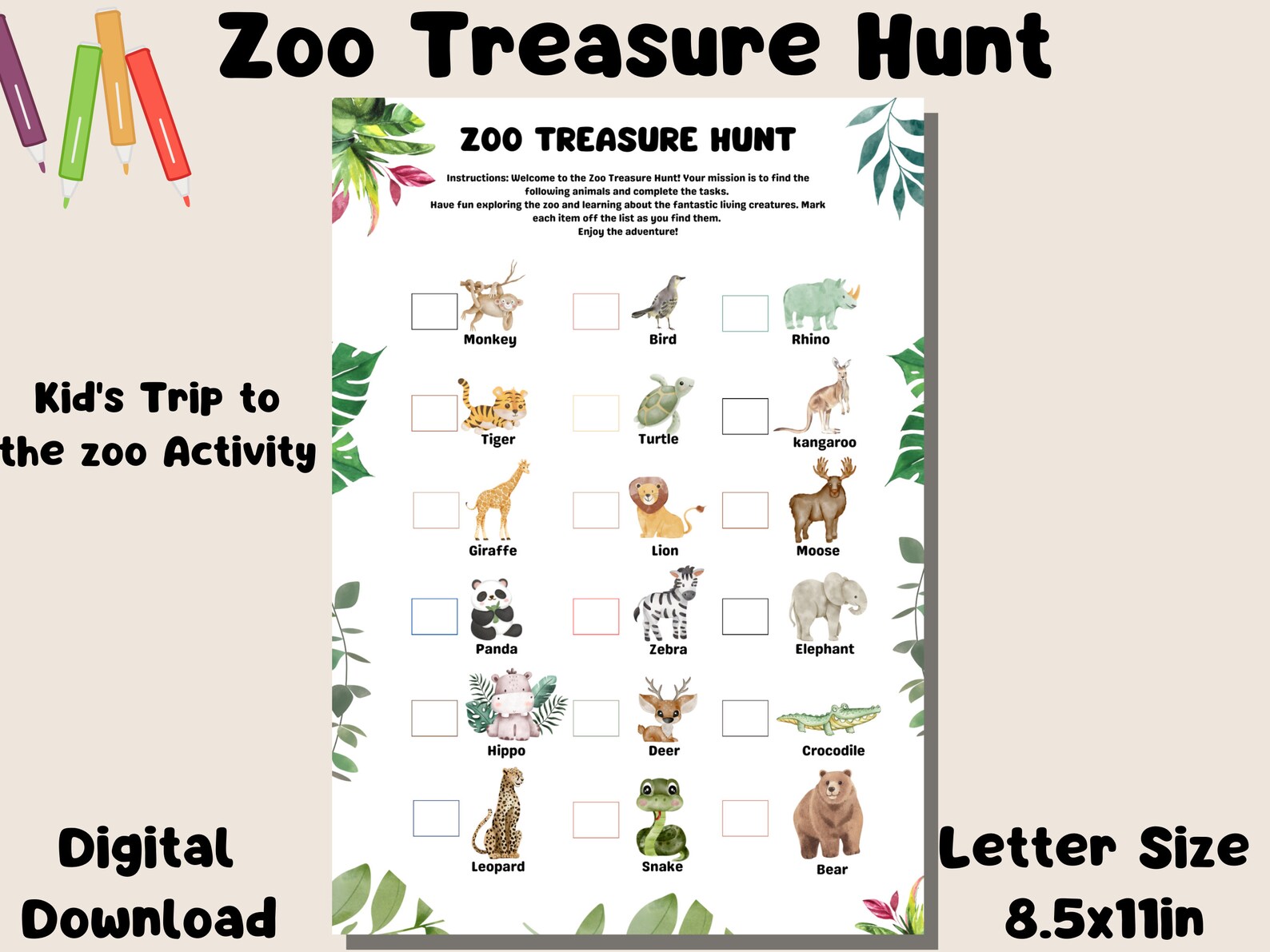 Zoo Treasure Hunt, Kid's Scavenger Hunt Activity, Family Trip to the ...
