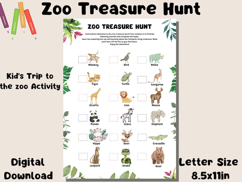 Zoo Treasure Hunt, Kid's Scavenger Hunt Activity, Family Trip to the ...