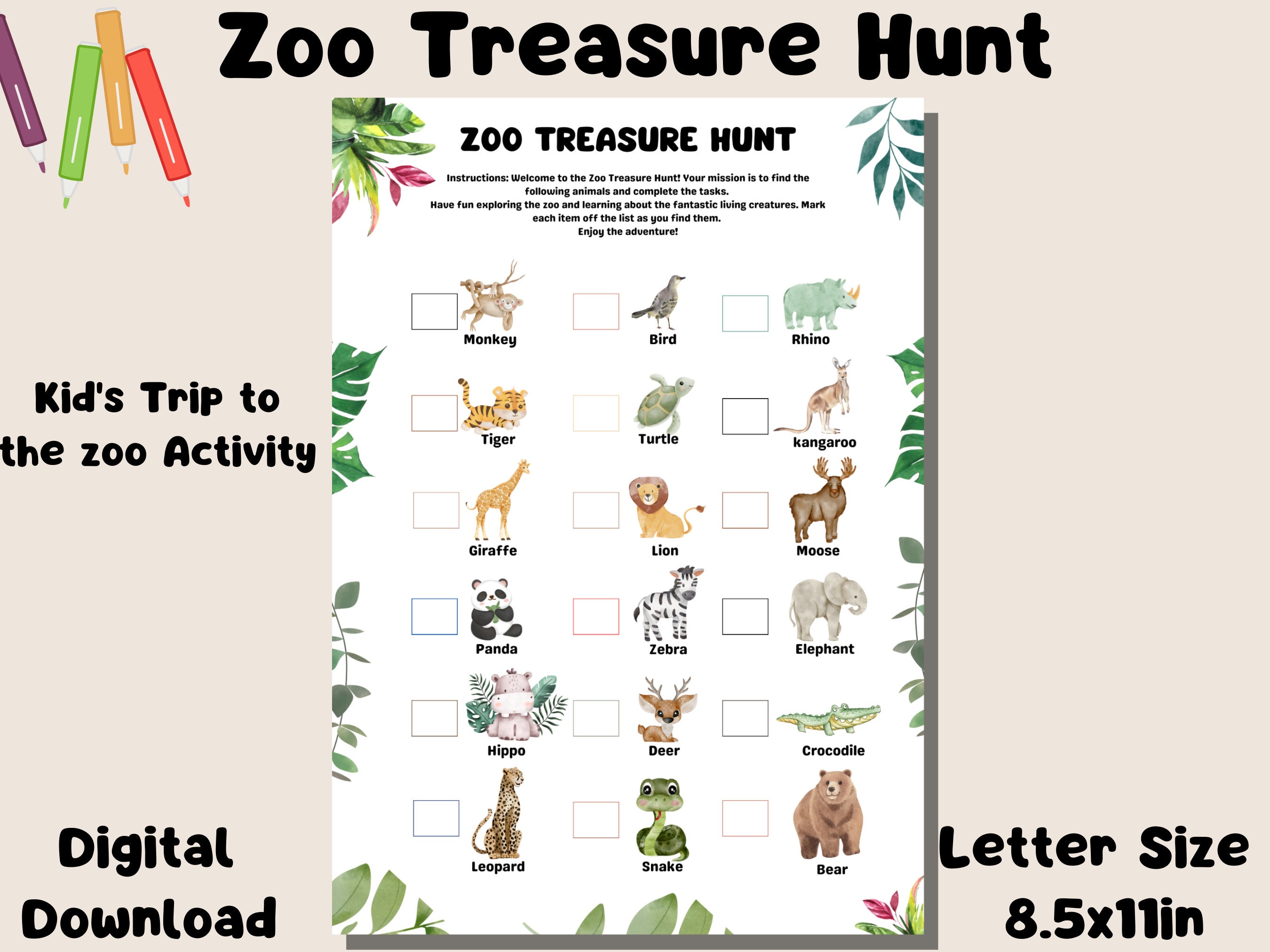 Zoo Treasure Hunt, Kid's Scavenger Hunt Activity, Family Trip to the ...