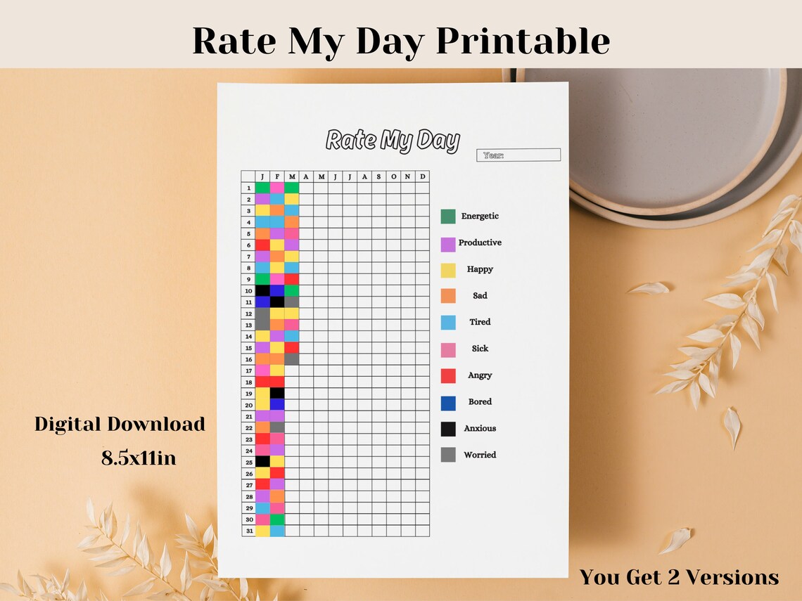 Rate My Day Printable Emotional Support Year-in-pixels Tracker-mood ...