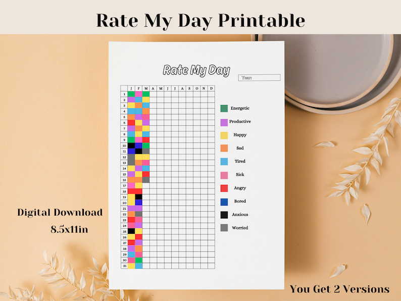 Rate My Day Printable Emotional Support Year-in-pixels Tracker-mood ...