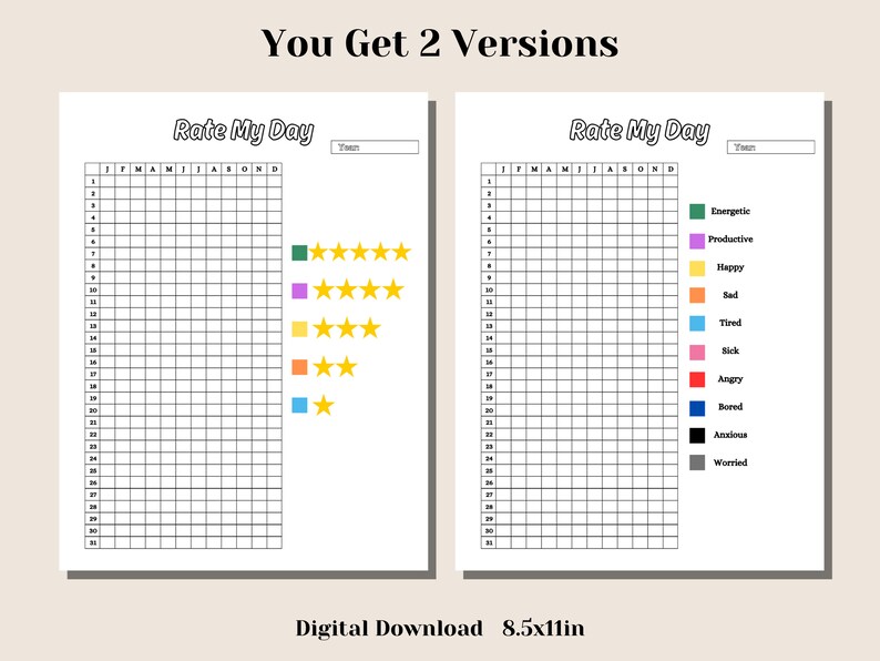 Rate My Day Printable Emotional Support Year-in-pixels Tracker-mood ...