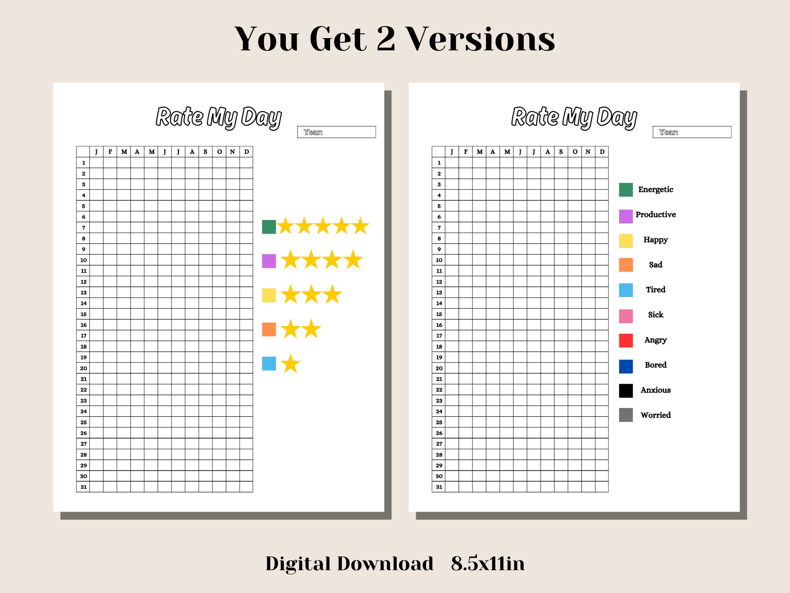 Rate My Day Printable Emotional Support Year-in-pixels Tracker-mood ...