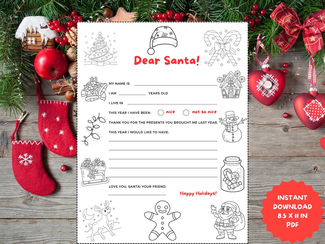 Dear Santa Letter Coloring Page Christmas Wish List Christmas - Etsy