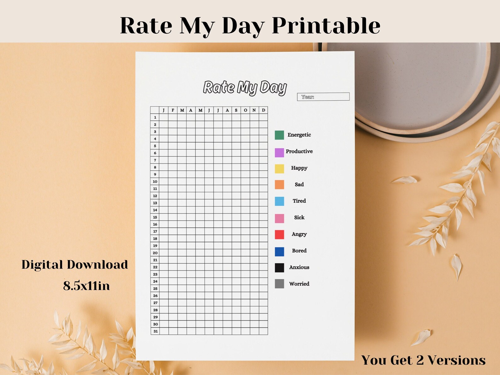 Rate My Day Printable Emotional Support Year-in-pixels Tracker-mood ...