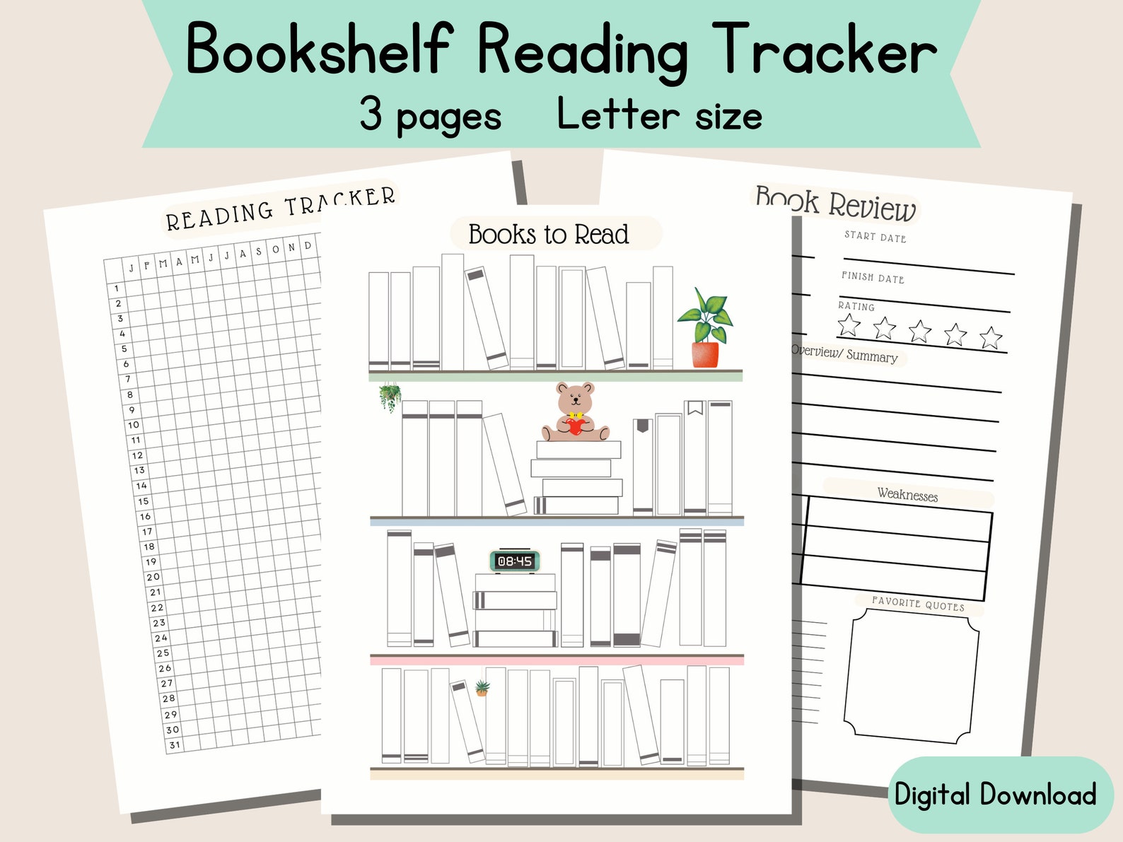 Bookshelf Reading Log, Bujo Reading Tracker, Book Review Printable ...