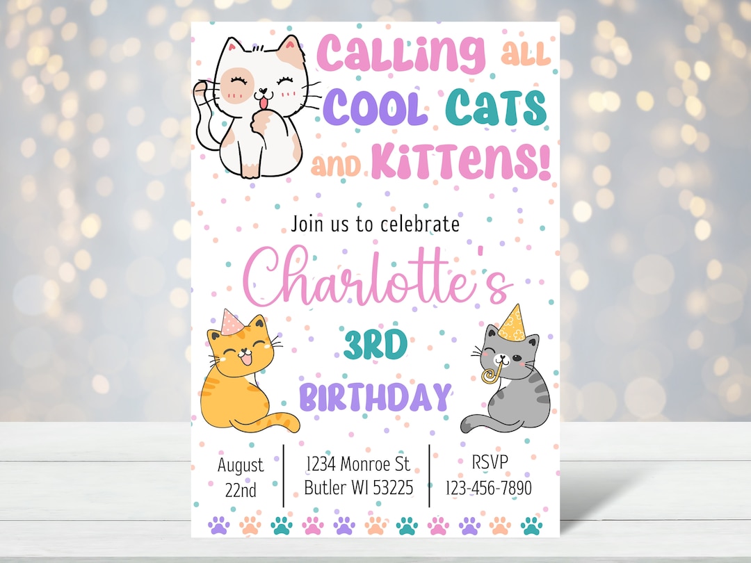 Kitty Cat Birthday Invitation Cat Party Decoration Cat Themed Girl Cat ...