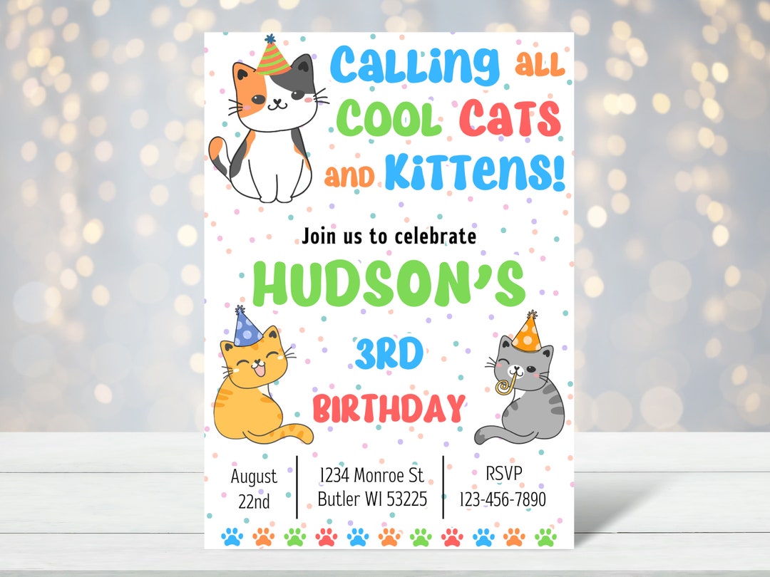 Kitty Cat Birthday Invitation Cat Party Decorations Cat Themed Boy Cat ...