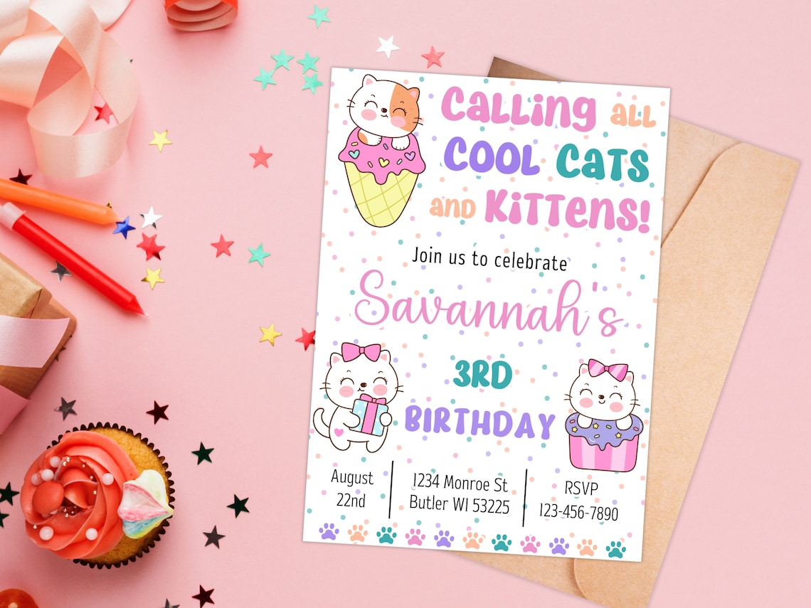 Kitty Cat Birthday Invitation Cat Party Decoration Cat Themed Girl Cat ...