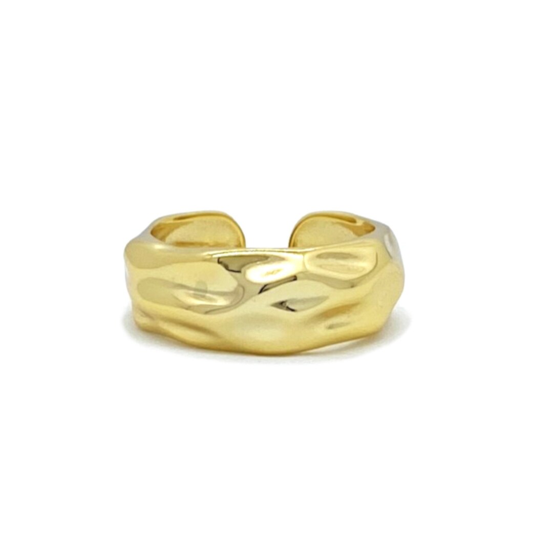 18k Hammered Texture Thick Adjustable Ring, Gold Band Ring, Chunky ...