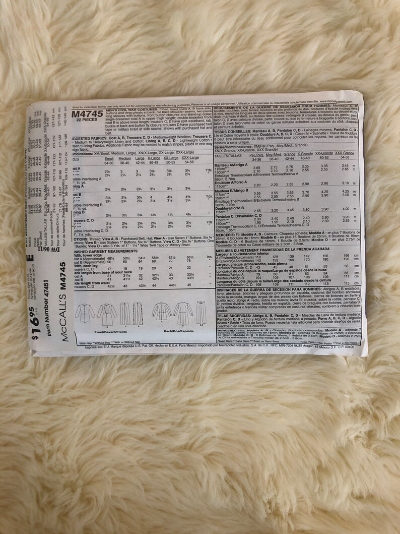 Men’s Civil War Era Coat and Trousers Mccall’s Sewing Pattern M4745 ...