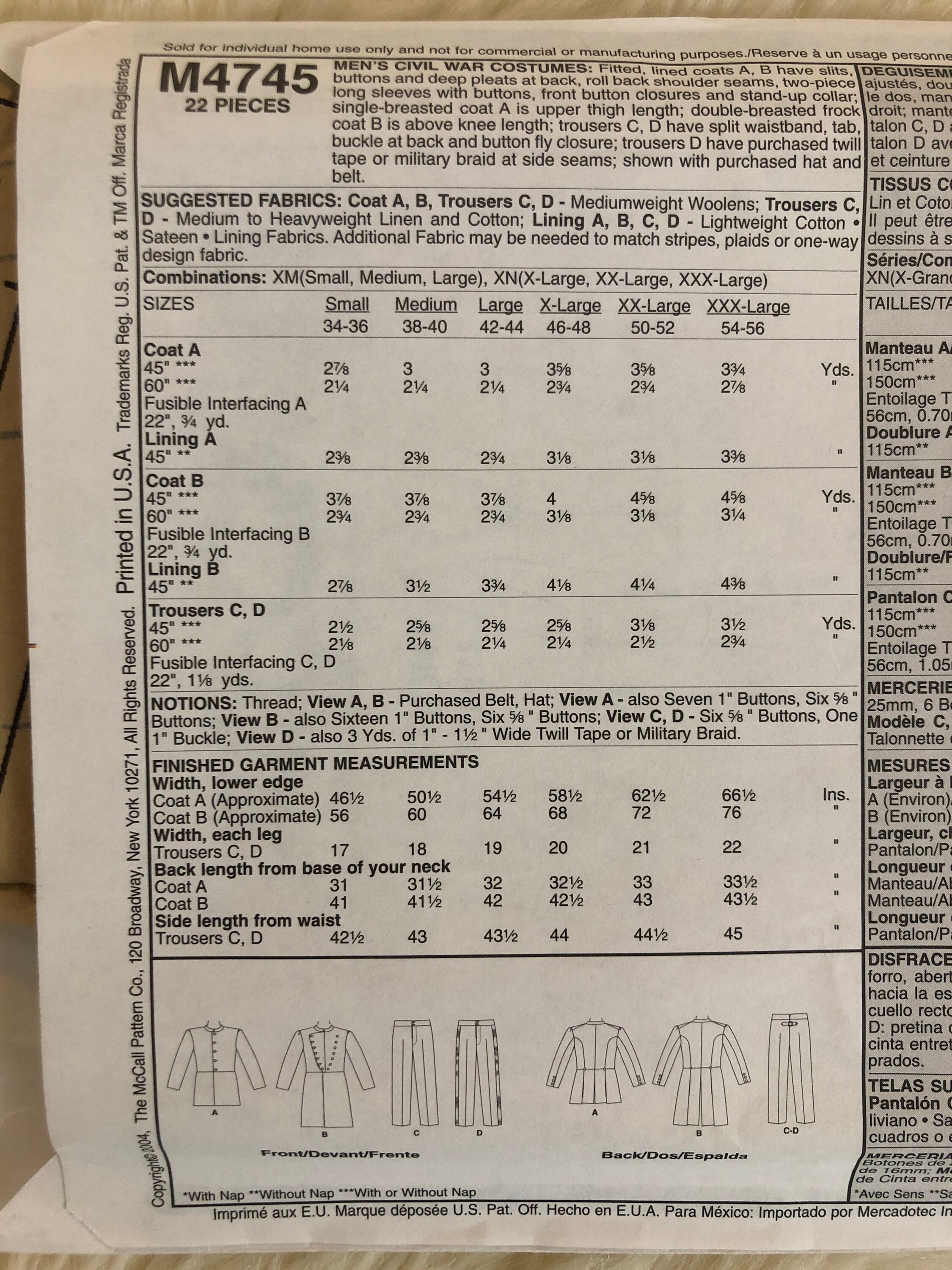 Men’s Civil War Era Coat and Trousers Mccall’s Sewing Pattern M4745 ...