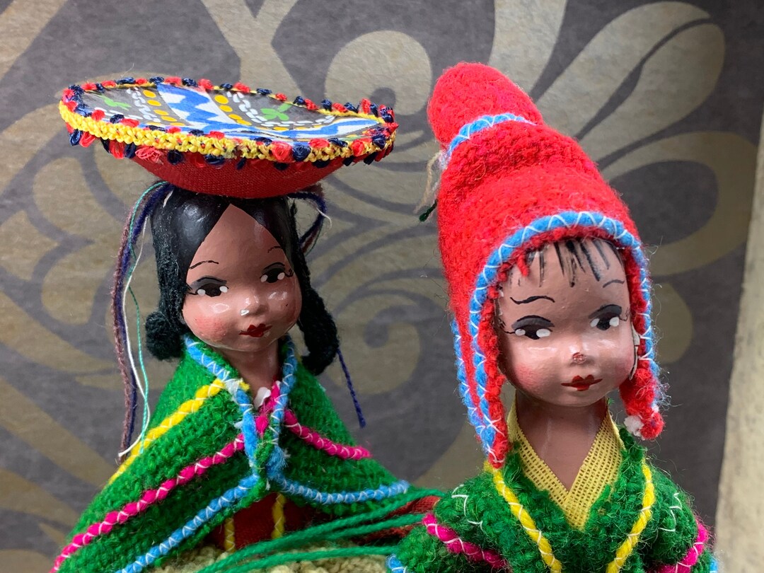 Set of 2 Vintage Andean Folklore Dolls – Handmade Textile on Wooden ...