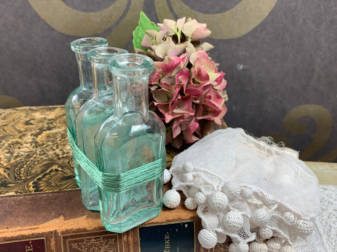 Vintage Set of 3 Green Glass Bottles - Decorative Glass Bottles ...