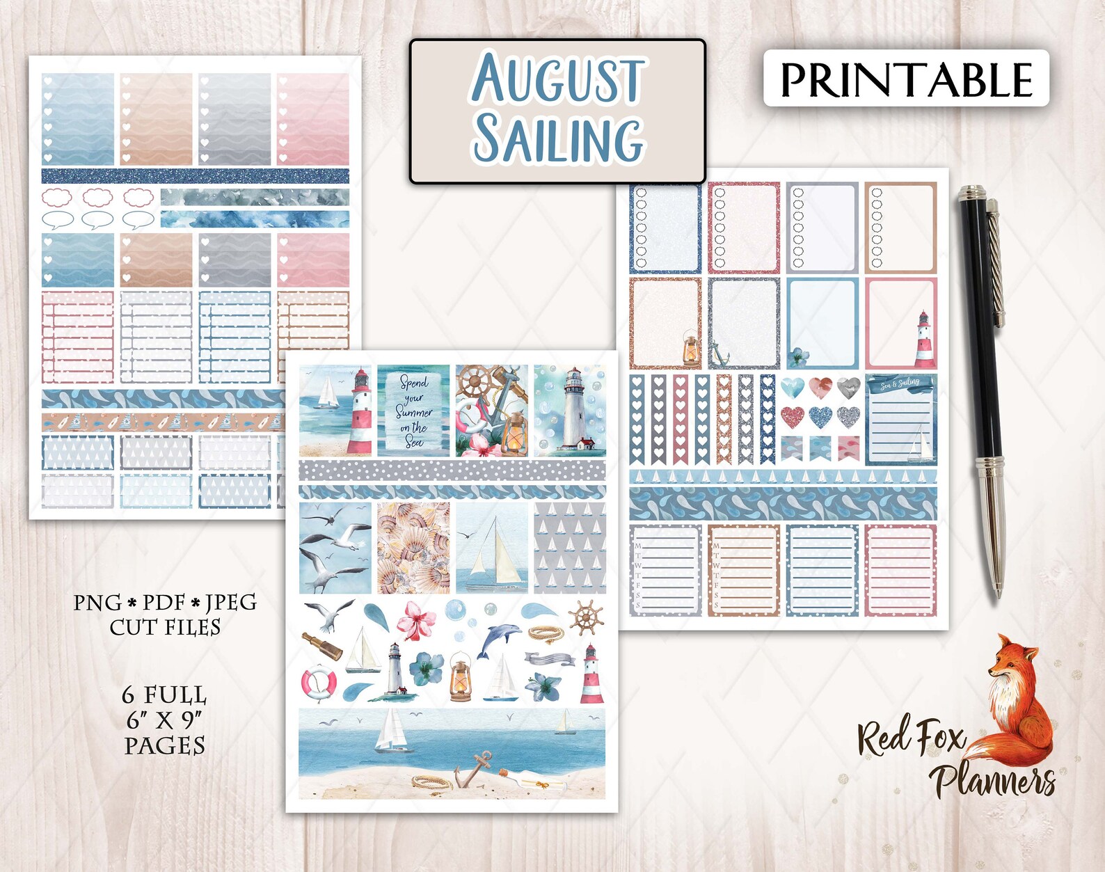 August Sailing Erin Condren (ECLP) Weekly Printable Planner Stickers ...