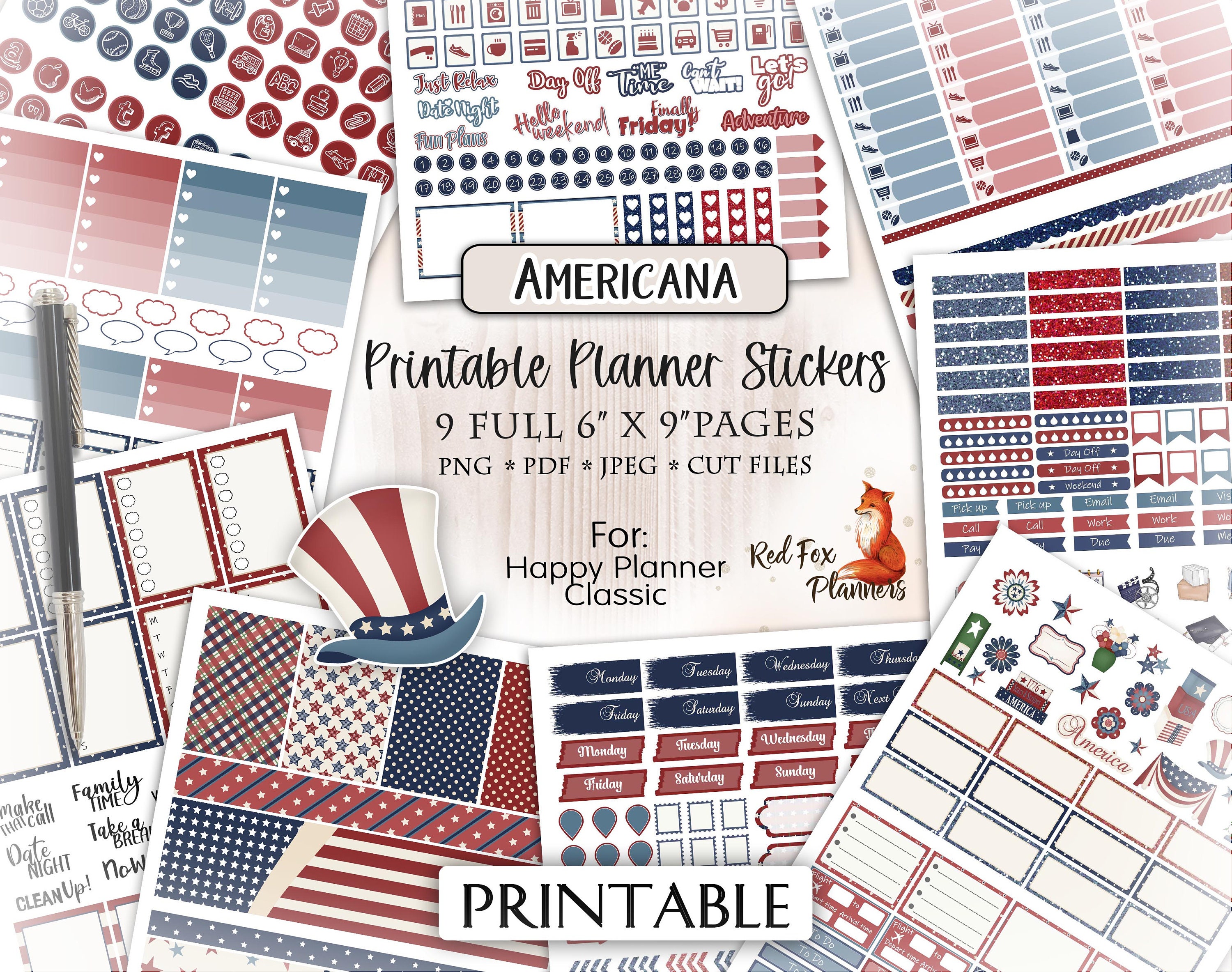 AMERICANA Happy Planner Printable Planner Sticker Kit, July 4th ...