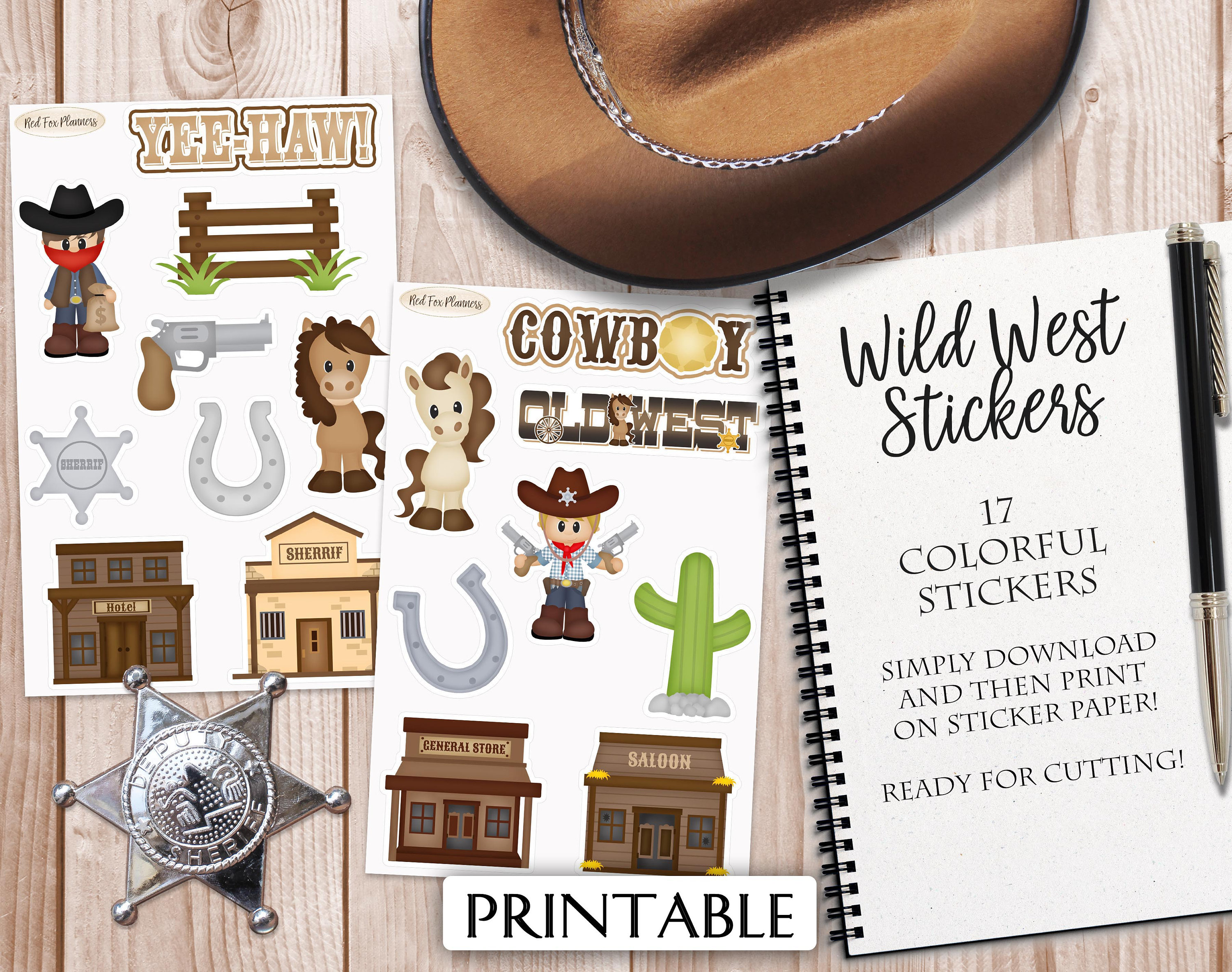 WILD WEST Stickers, 17 Digital Printable Stickers, Instant Download ...