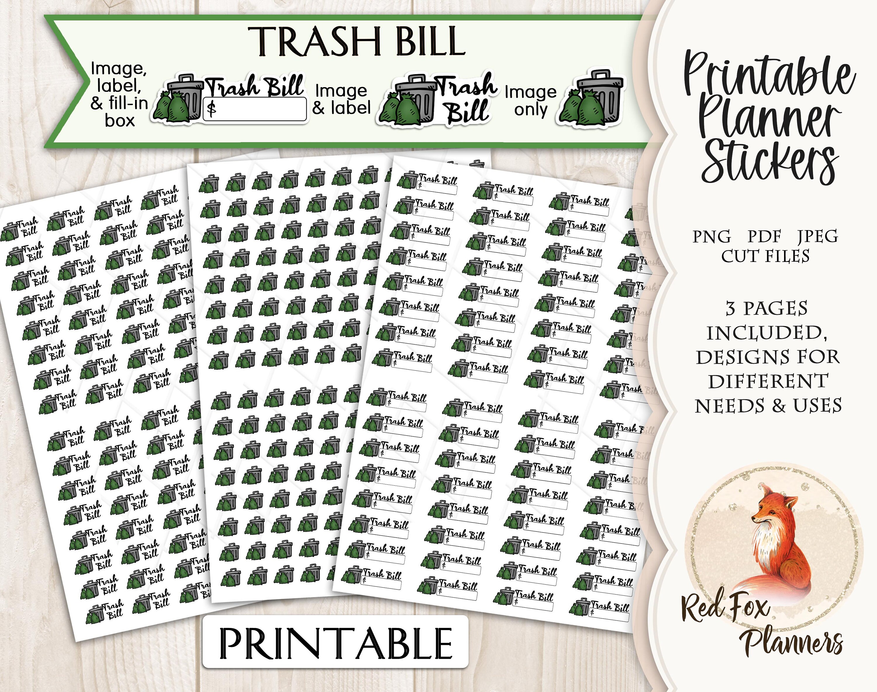 TRASH BILL Functional Digital Printable Stickers instant | Etsy