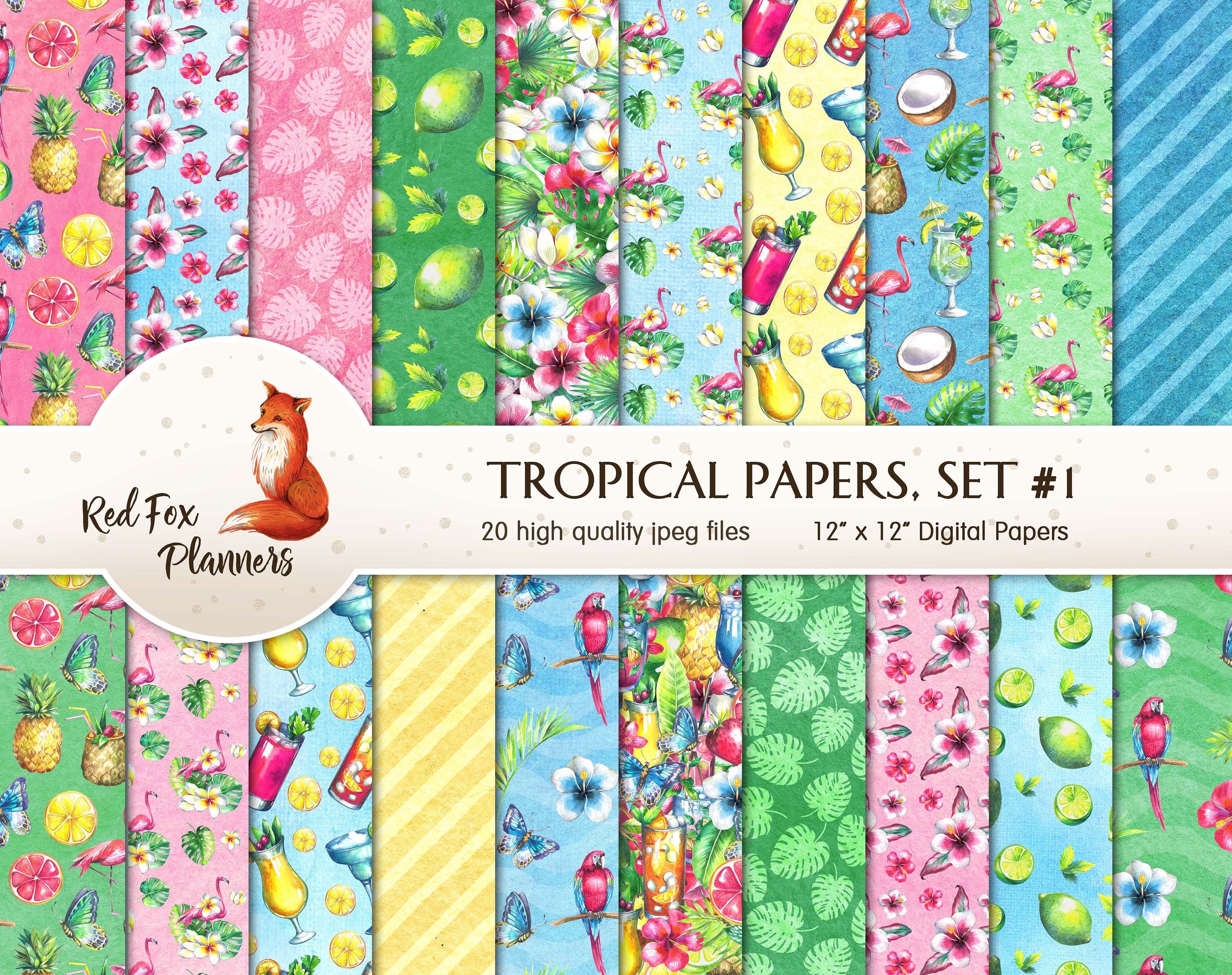 TROPICAL Set #1 Digital Paper Pack, 20 Quantity, Summer Beach, Tropical ...