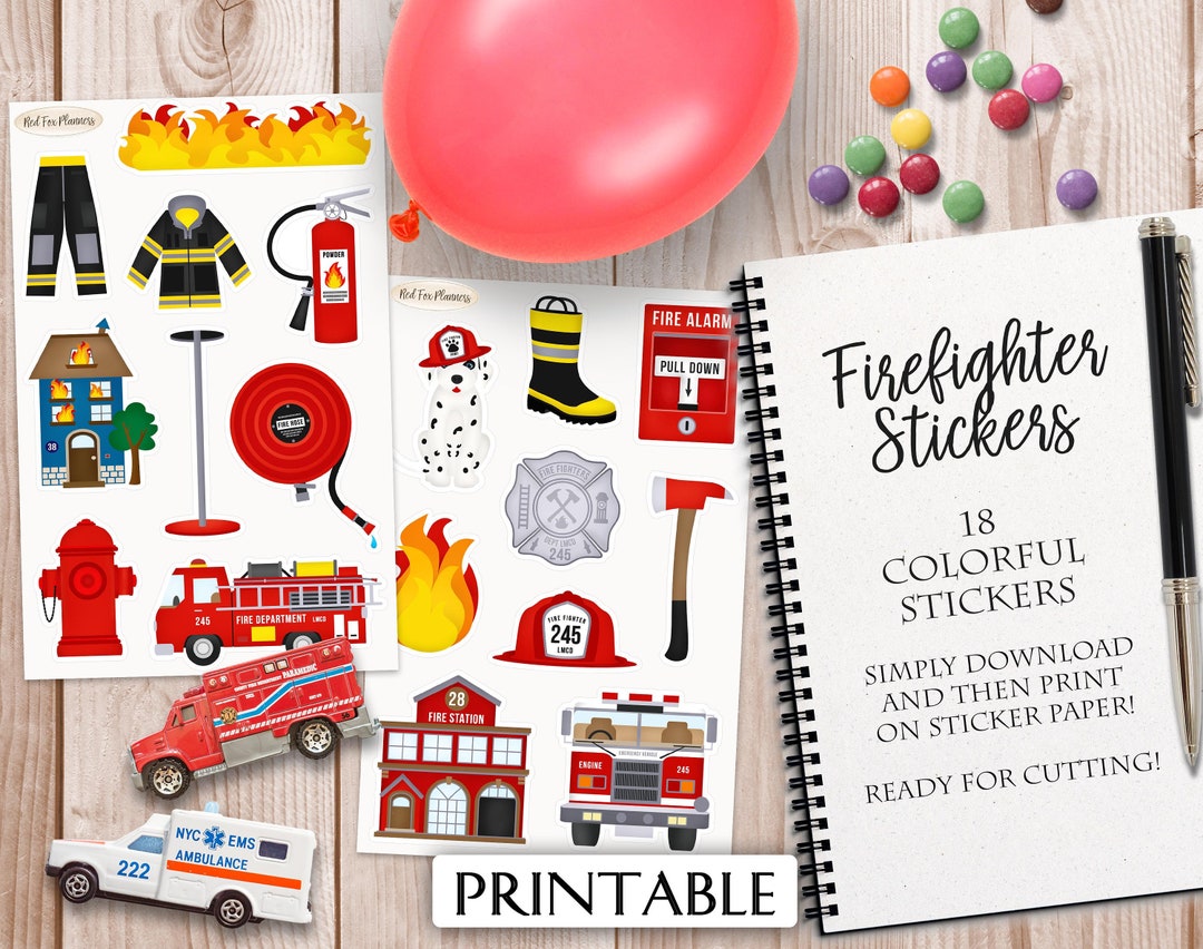 FIREFIGHTER Stickers 18 Digital Printable Stickers, Instant Download ...