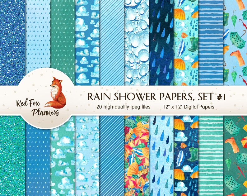 RAIN SHOWERS Set #1 Digital Paper Pack, 20 Quantity, Water, Puddles ...