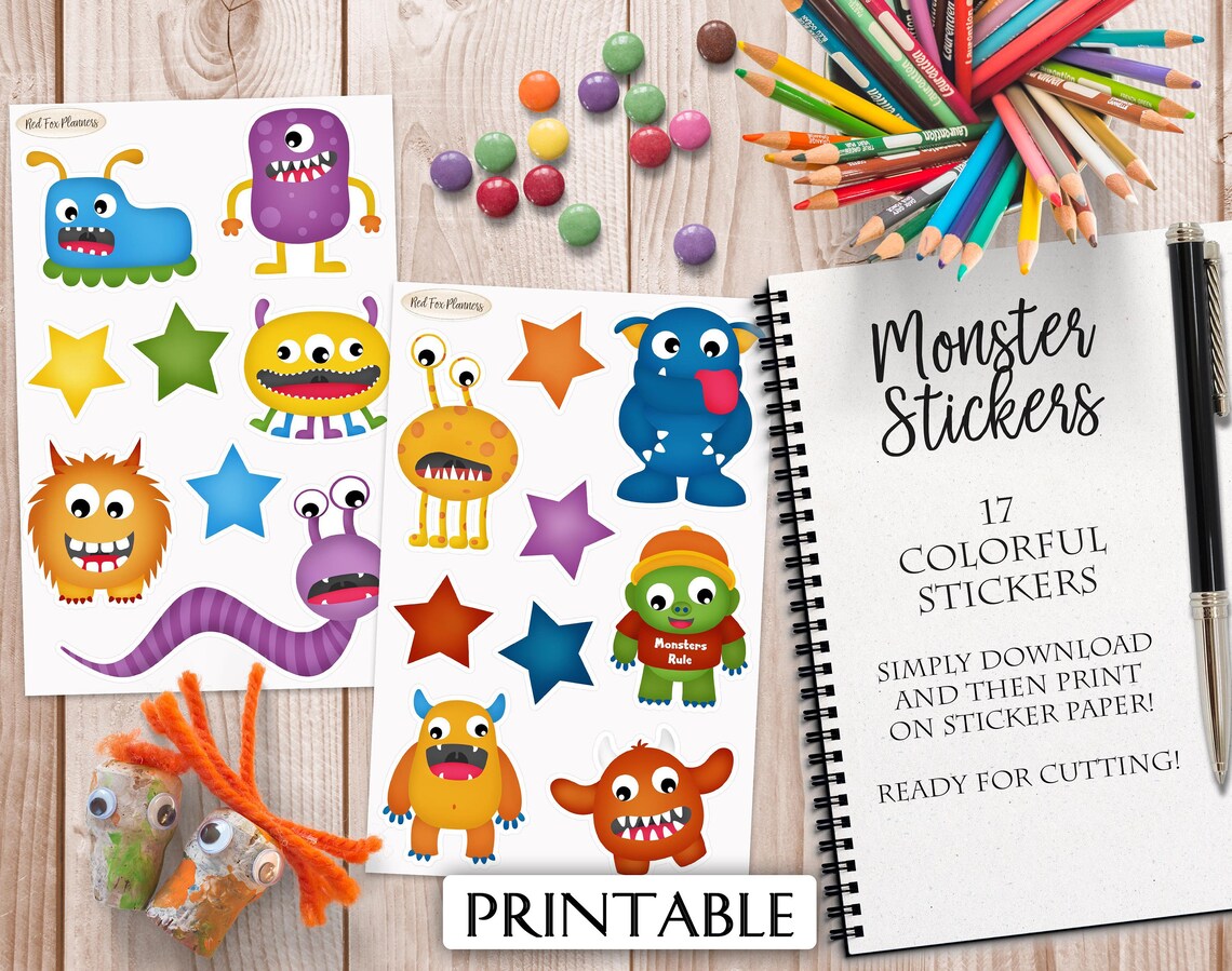 MONSTERS Stickers, 17 Digital Printable Stickers, Instant Download ...