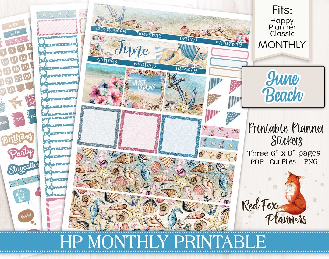 June Beach Happy Planner (HP) Monthly Printable Planner Stickers, Sand ...