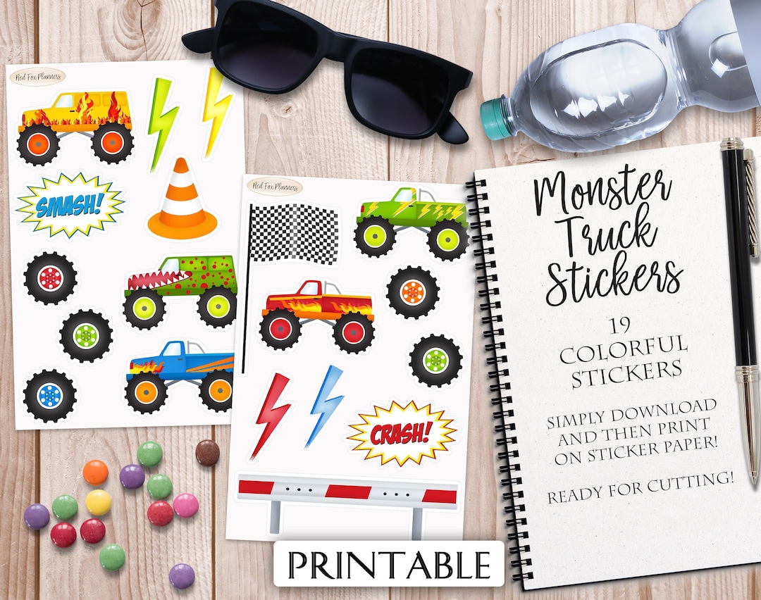 MONSTER TRUCKS, 19 Digital Printable Stickers, Instant Download ...