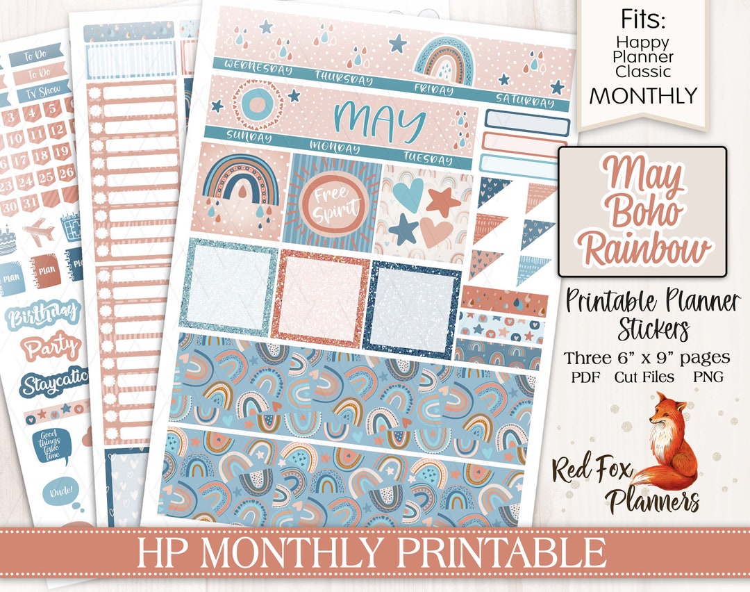 May Boho Rainbow Happy Planner (HP) Monthly Printable Planner Stickers ...