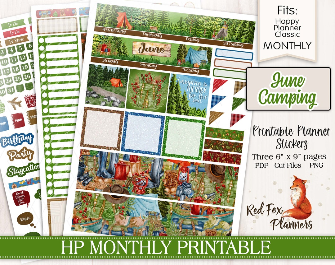 June Camping Happy Planner (HP) Monthly Printable Planner Stickers ...