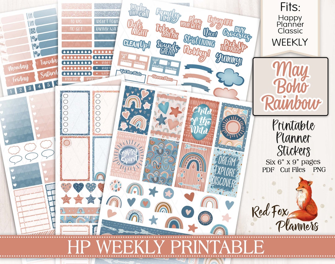 May Boho Rainbow Happy Planner (HP) Weekly Printable Planner Stickers ...