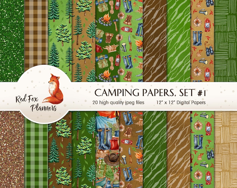 CAMPING Set #1 Digital Paper Pack, 20 Quantity, Outdoors, Woodland ...