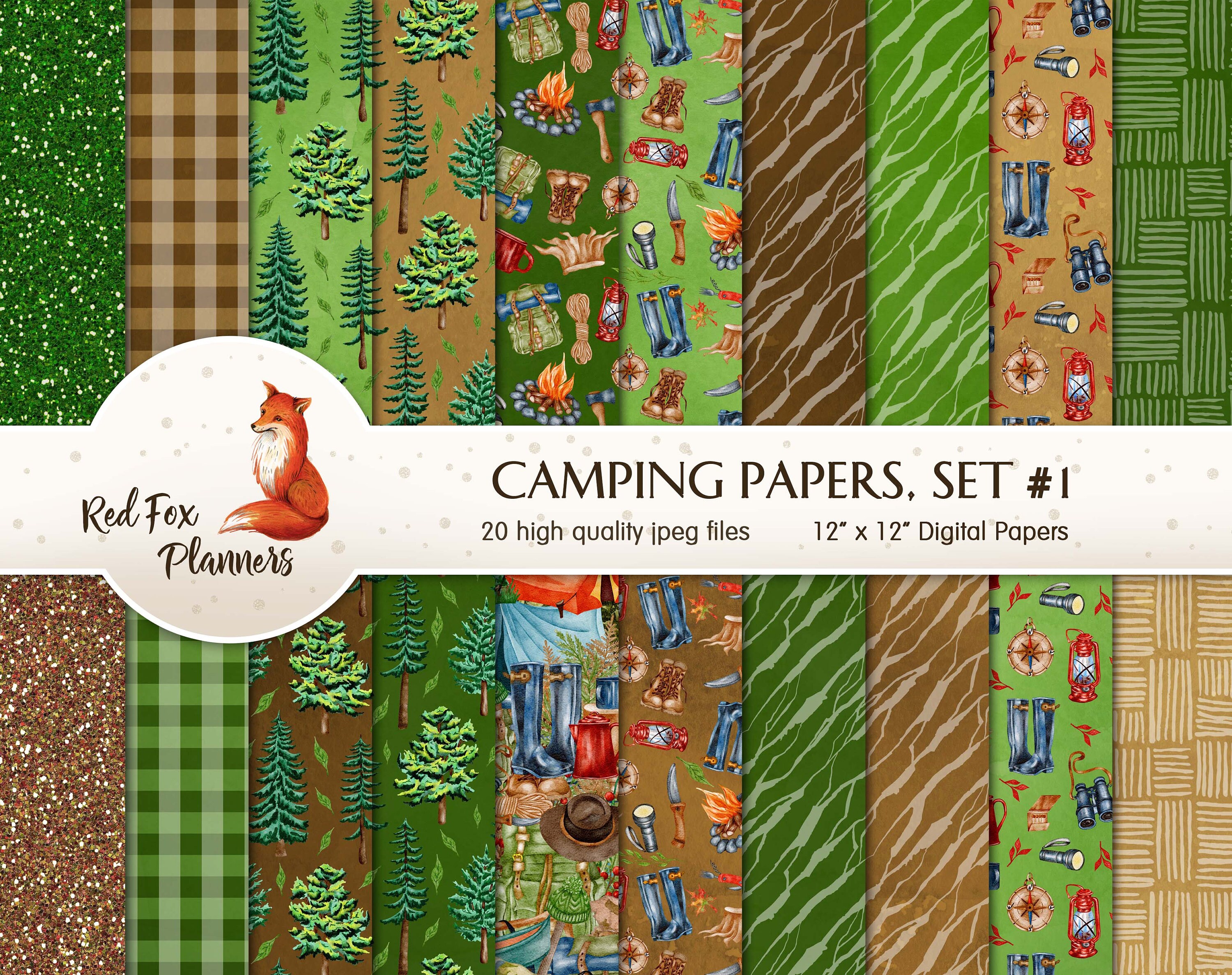 CAMPING Set #1 Digital Paper Pack, 20 Quantity, Outdoors, Woodland ...
