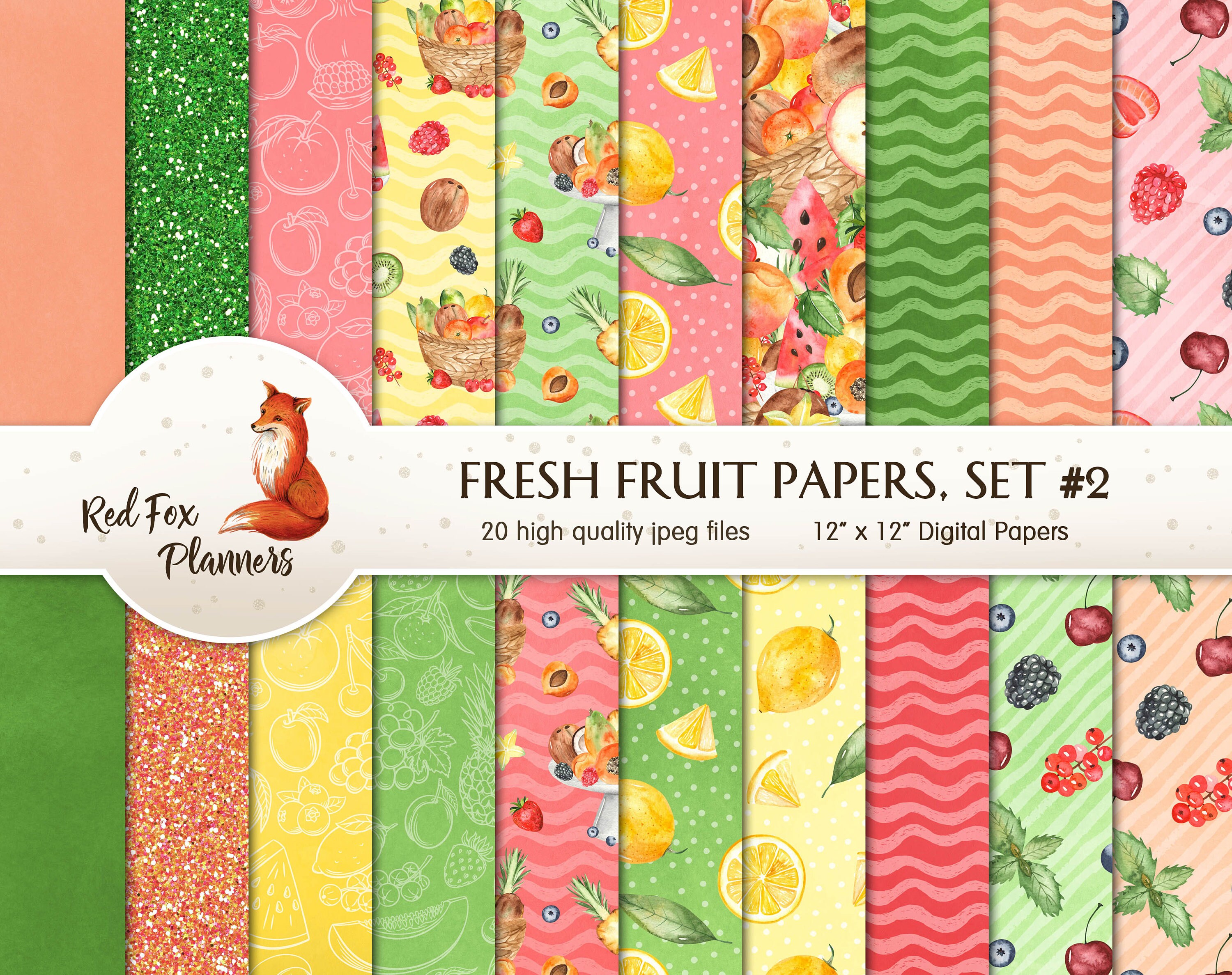 FRESH FRUIT Set #2 Digital Paper Pack, 20 Quantity, Apples, Oranges ...
