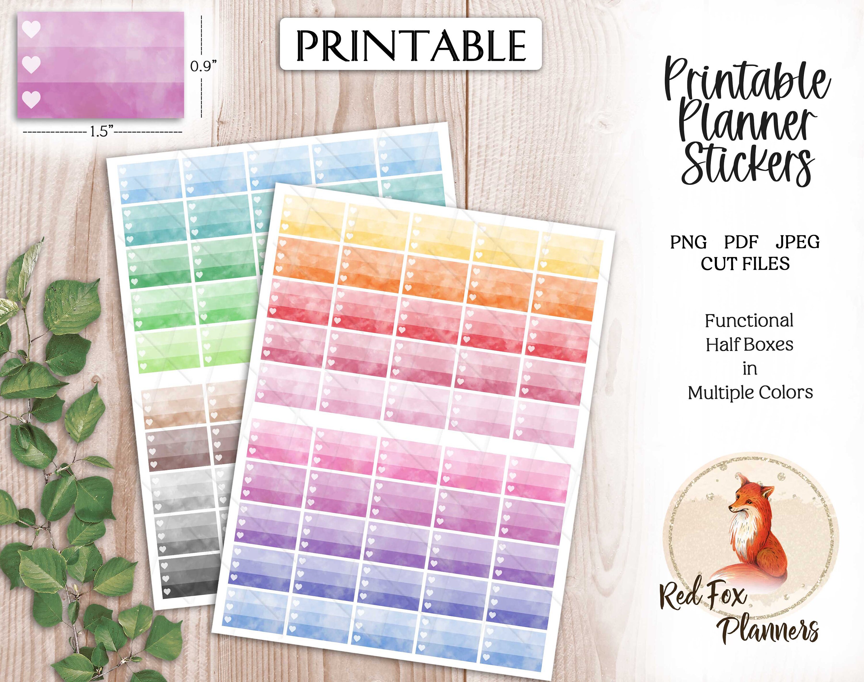 HALF BOX Watercolor Printable Planner Stickers, Heart Checklist Lines ...