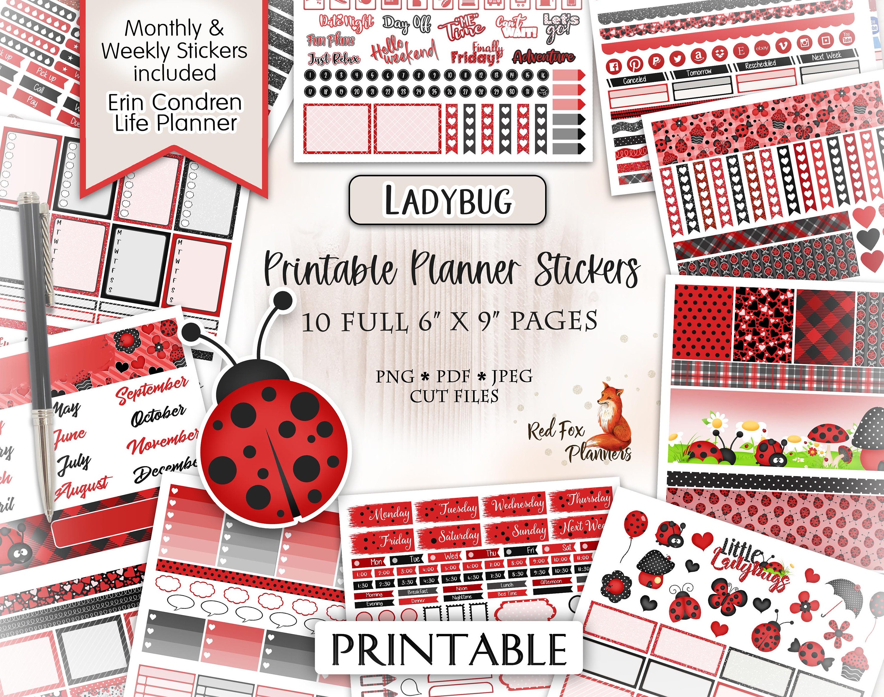LADYBUG Erin Condren Printable Planner Sticker Kit, Ladybugs, Ladybirds ...