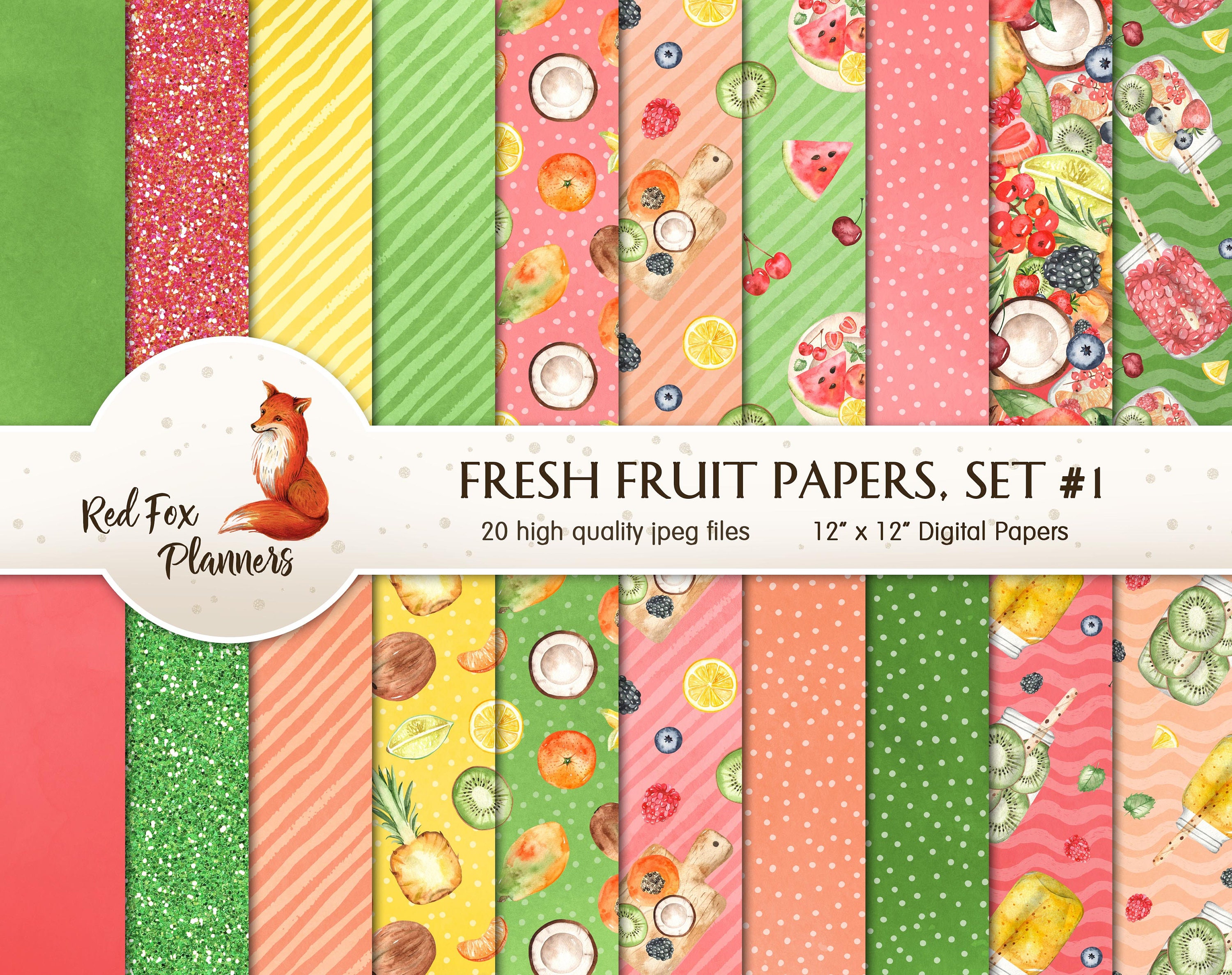 FRESH FRUIT Set 1 Digital Paper Pack, 20 Quantity, Apples, Oranges ...